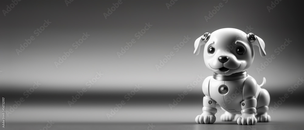 Cute robotic puppy isolated on large empty background. White happy ...