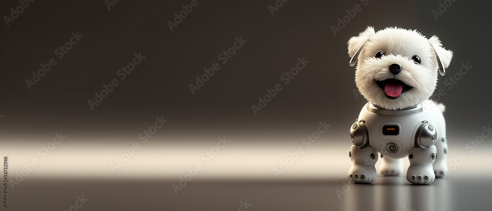 Cute robotic puppy isolated on large empty background. White happy ...
