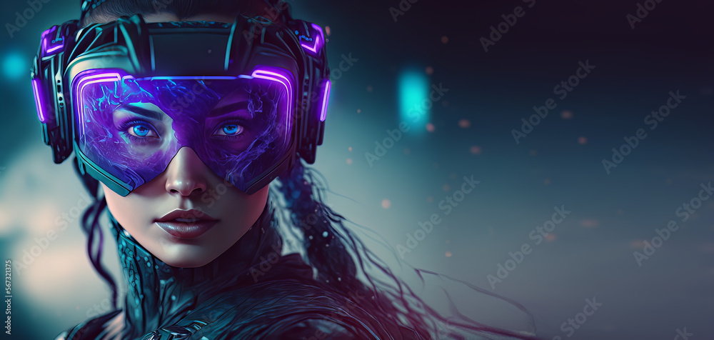 Beautiful futuristic woman using virtual reality glasses in the ...