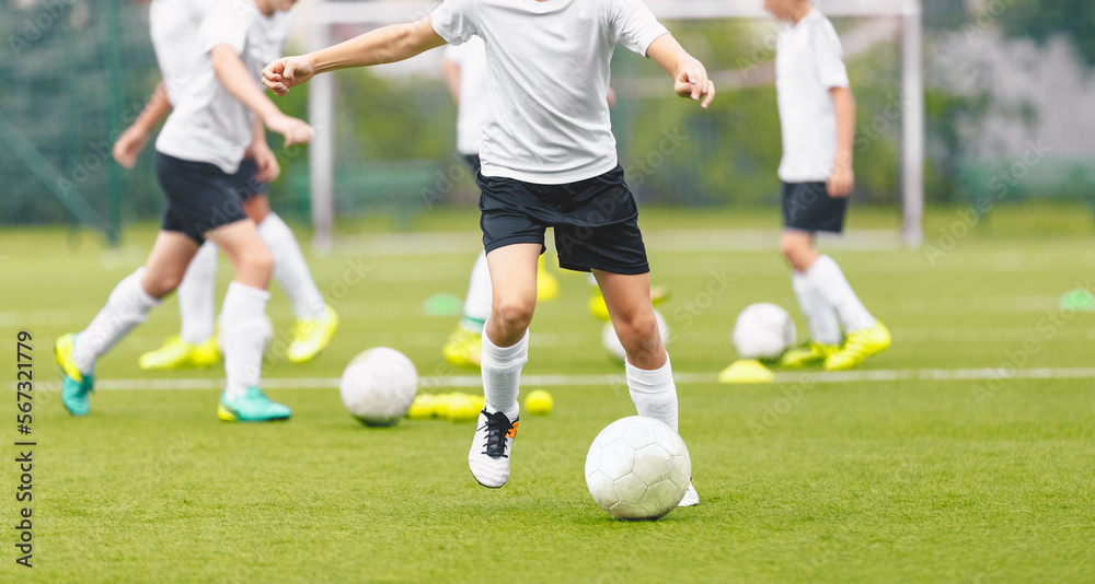 Children on Soccer Training. Group of Young Boys Kicking Football Balls ...