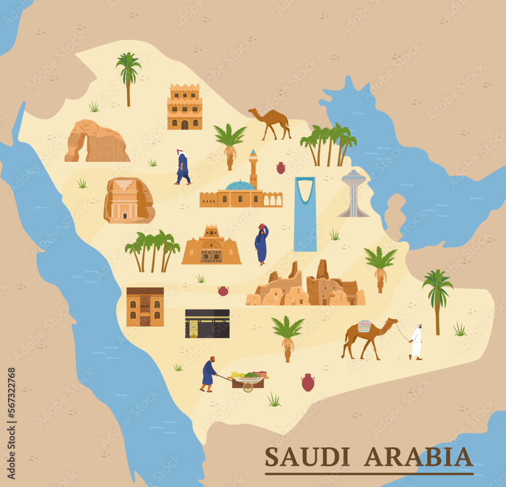 Saudi Arabia map with landmarks, traditional and modern buildings ...