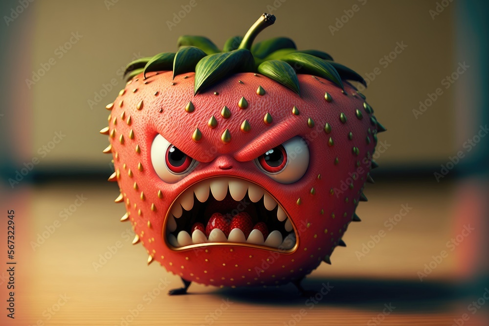 A Strawberry with a Vengeance A 3D Digital Illustration of an Evil Mad ...