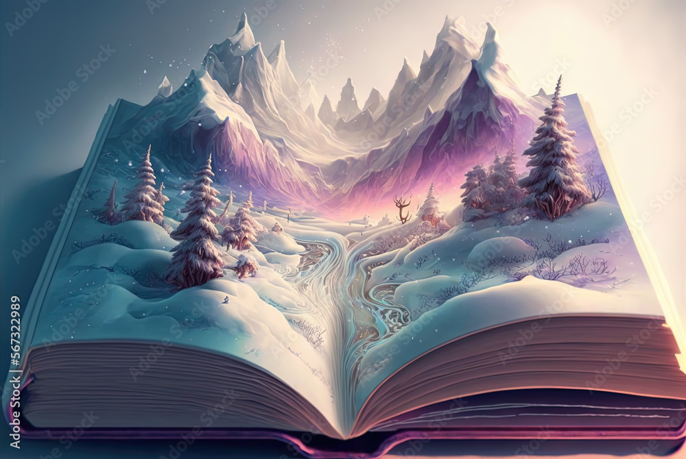Fantastic worlds in open storybook pages. Concept art of dream travels ...