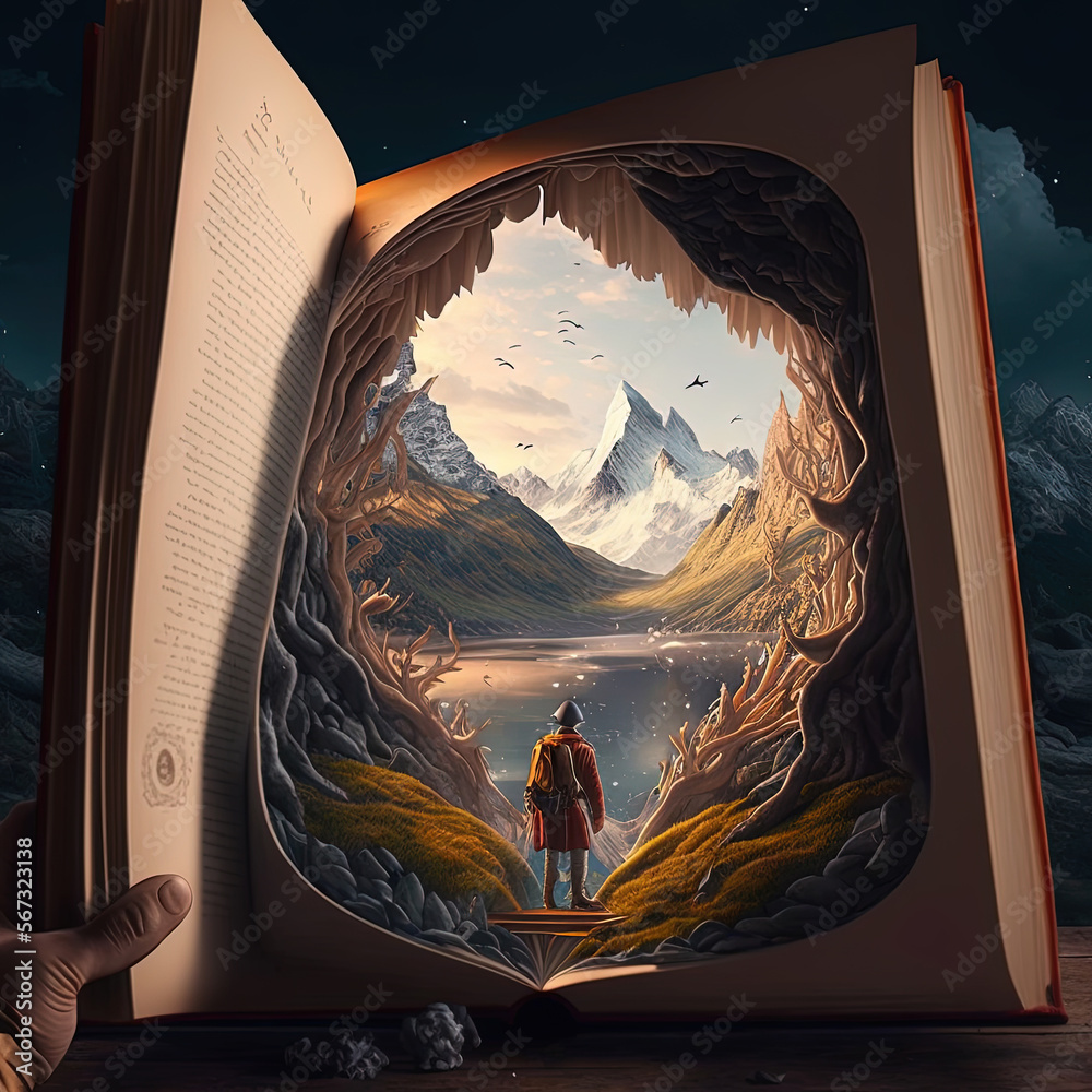 Fantastic worlds in open storybook pages. Concept art of dream travels ...