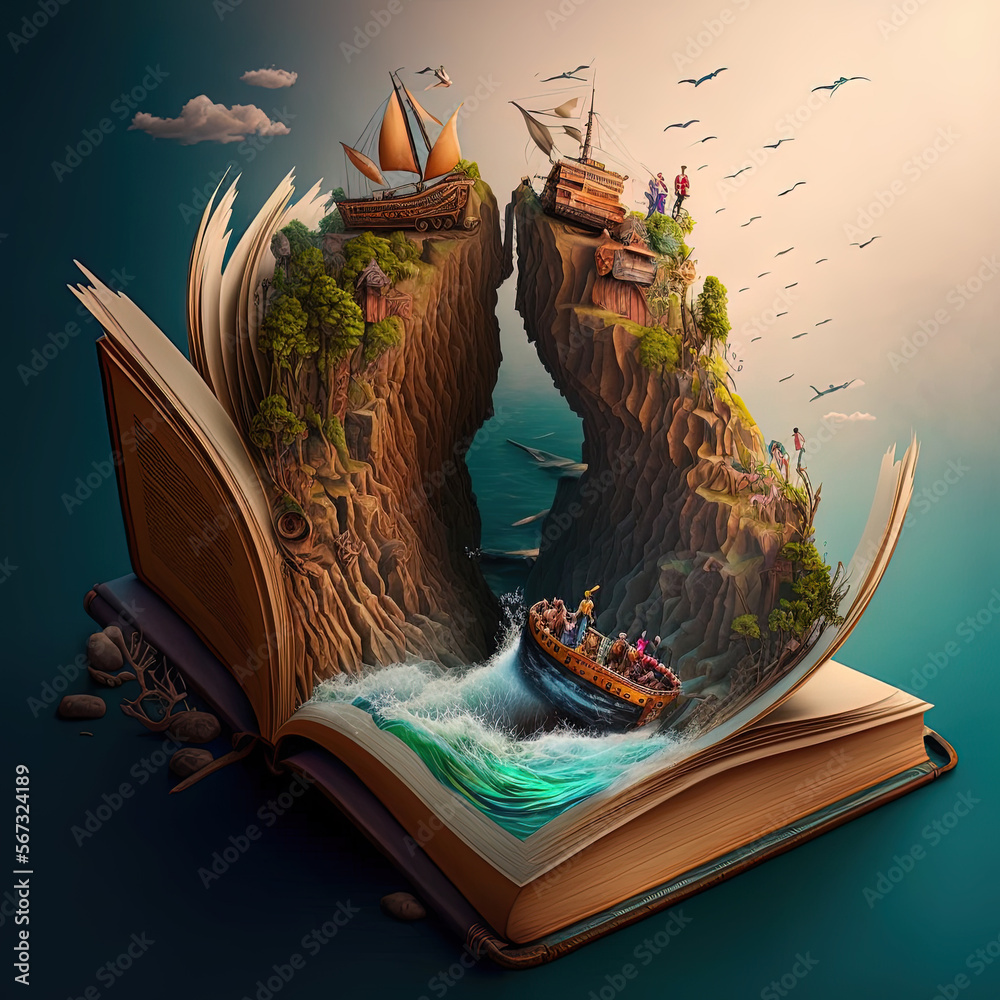 Fantastic worlds in open storybook pages. Concept art of dream travels ...