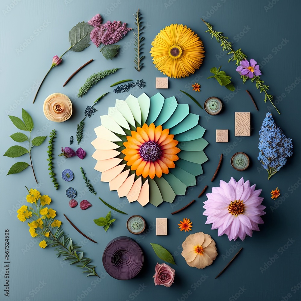 Flowers as a colour wheel. Concept of circuit and Fibonacci. AI image ...