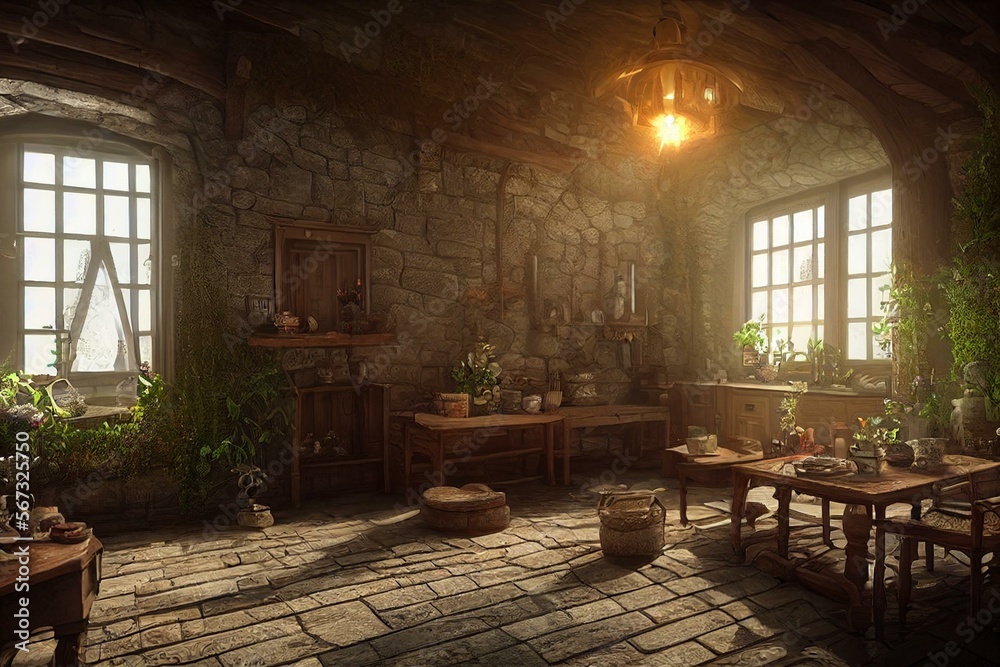Spectacular picture of interior of a fantasy medieval cottage, full ...