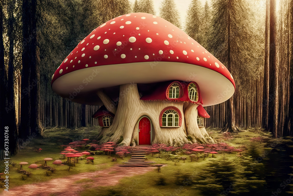 Fairytale house in a giant fantasy mushroom. House of mystical creatures in a fairy forest. Post ...