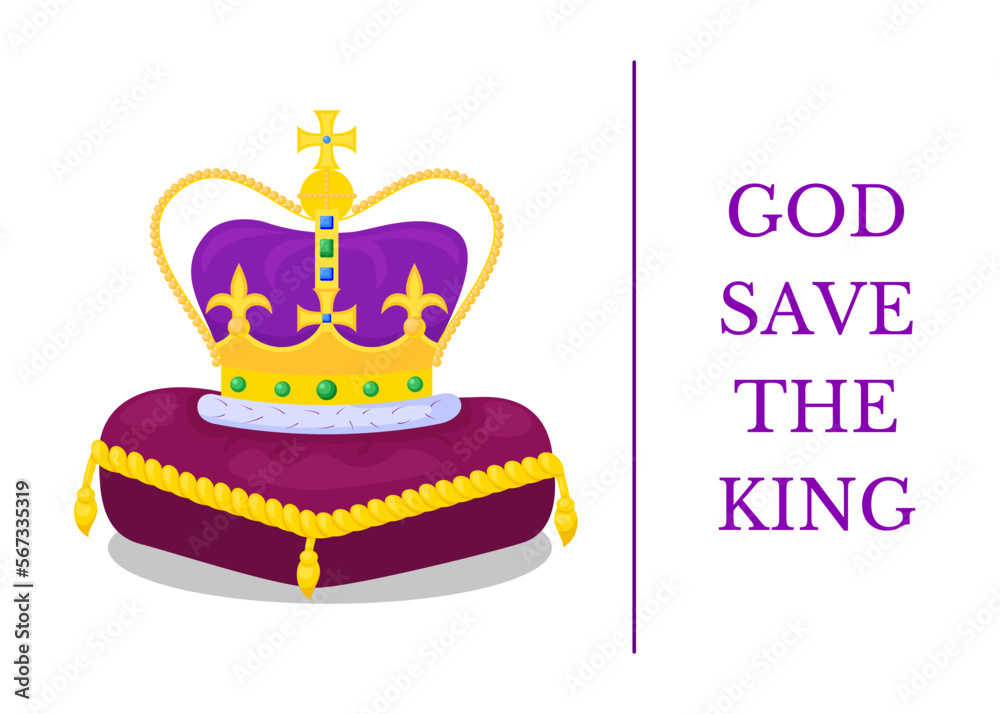 Vetor de Banner with text of God Save The King. Golden crown on purple ...