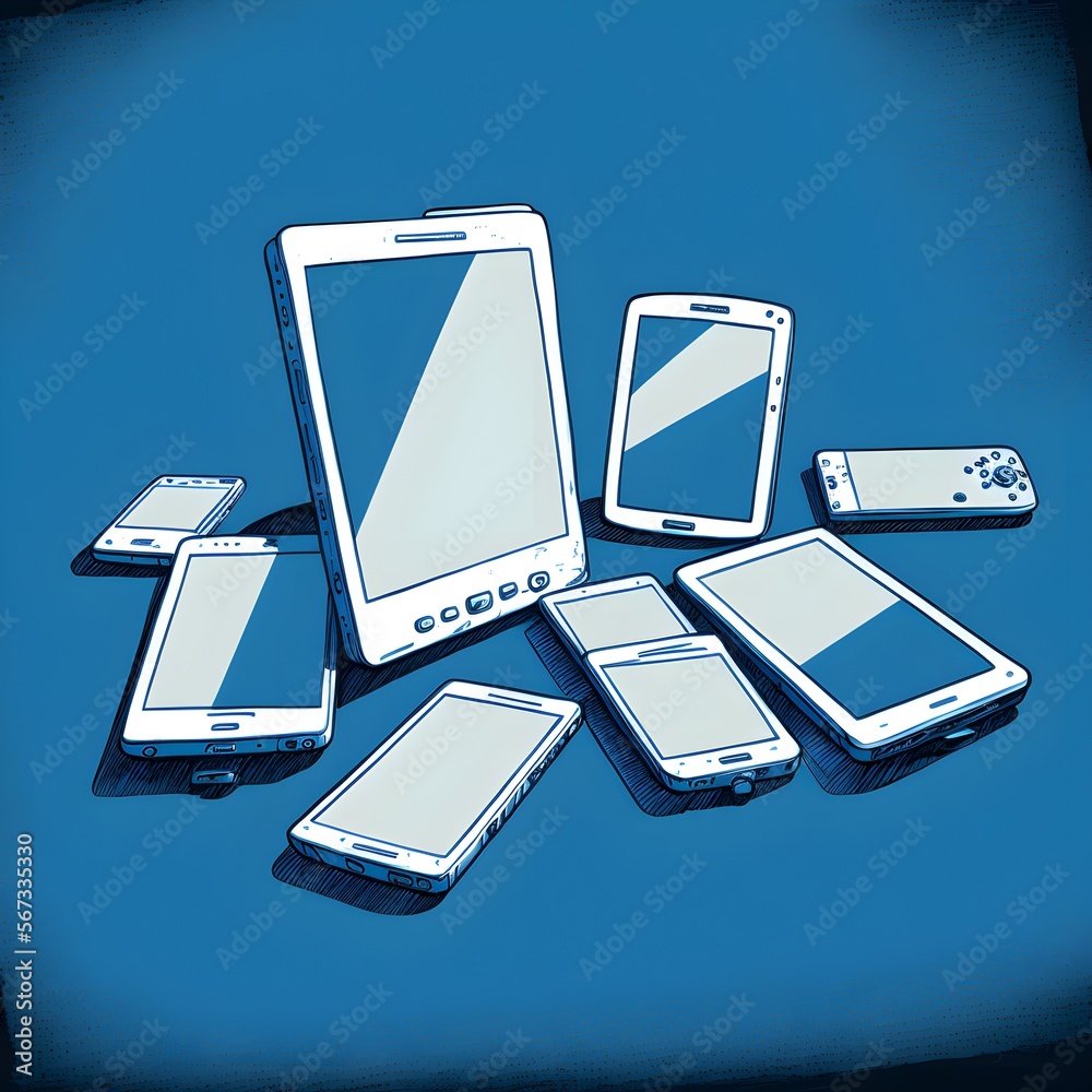 pencil sketch cartoon of 6 mobile phones and tablets on a desk various ...