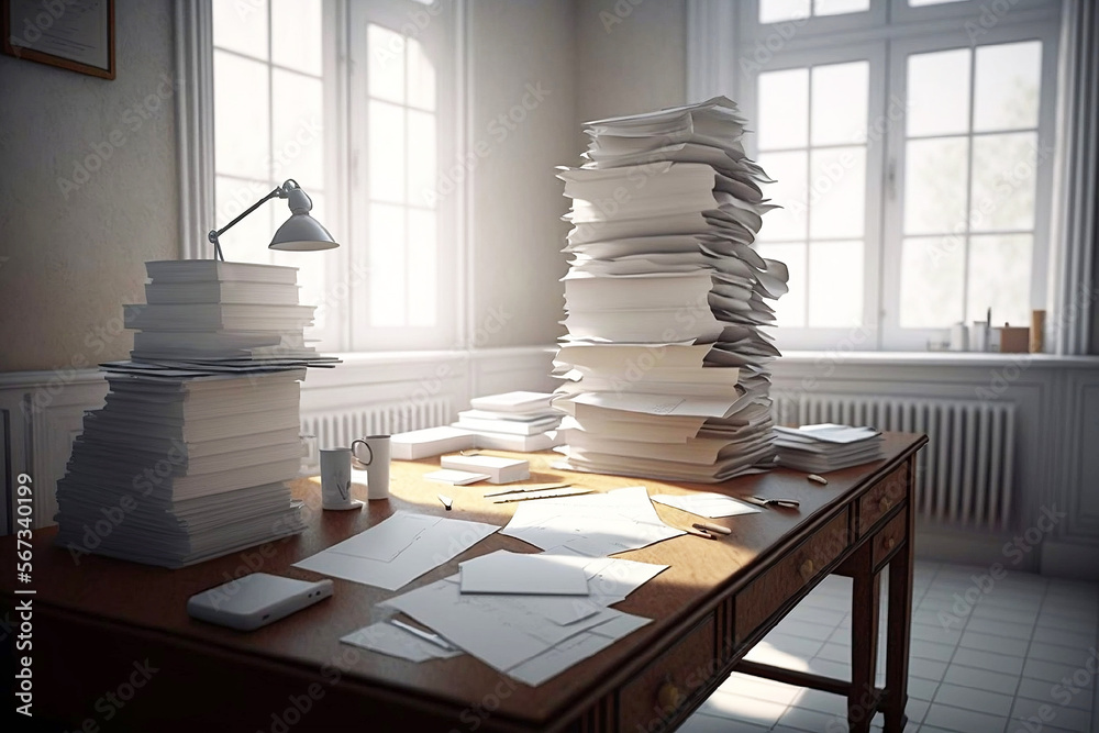 des grosses piles de dossiers entassées sur un bureau, grosse charge de ...