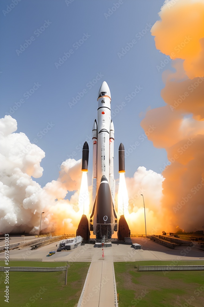 Rakete startet ins Weltall von der Startrampe, Raketenstart ...