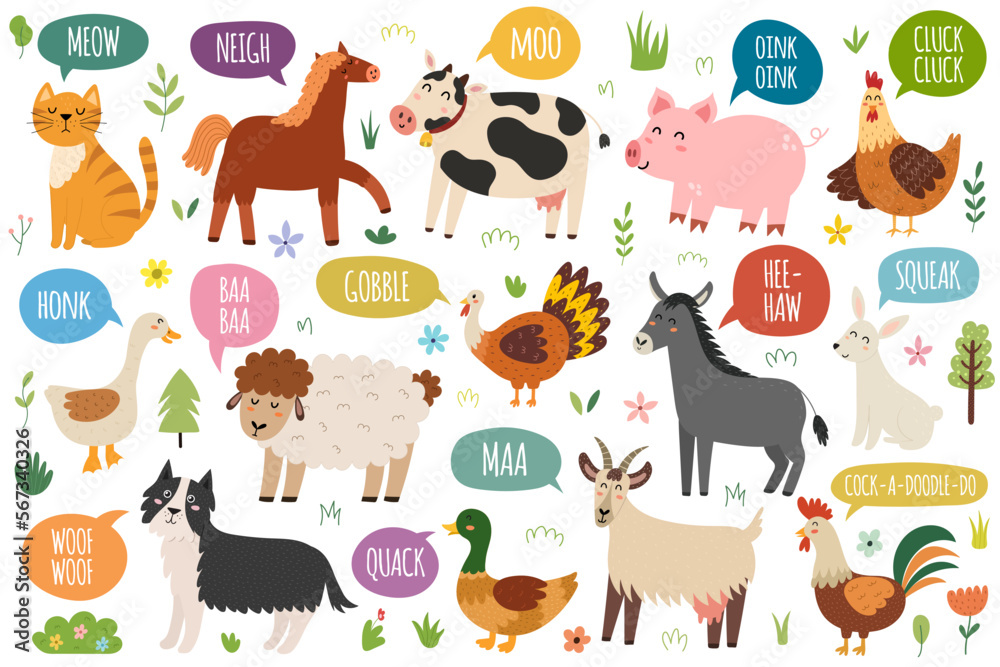 Farm animals saying sounds like moo, oink, baa, cluck and others. How ...