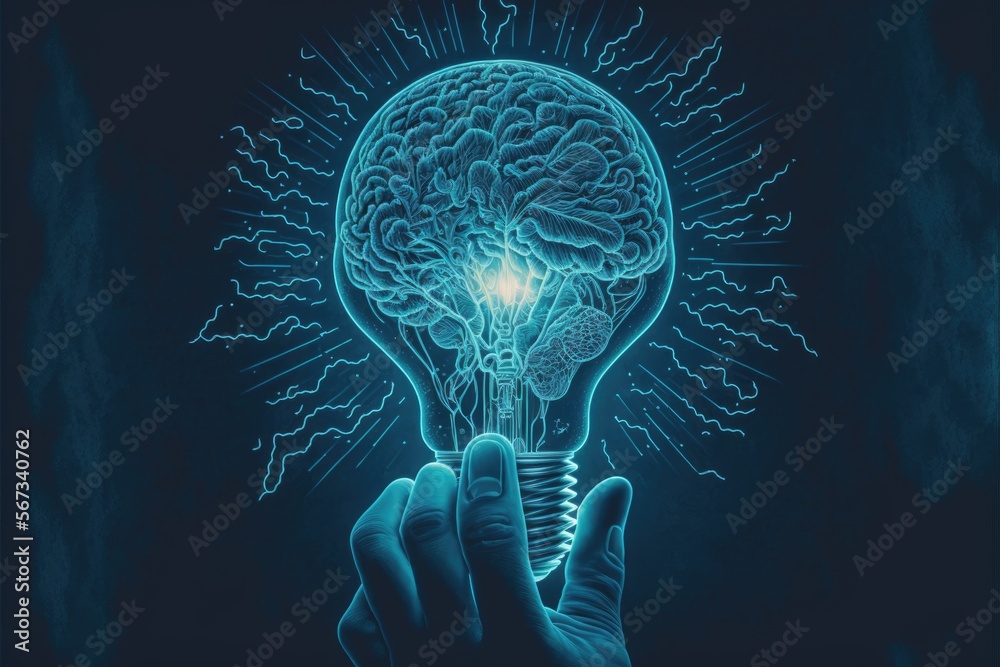 Generative AI illustration of hand holding virtual lightbulb with brain ...