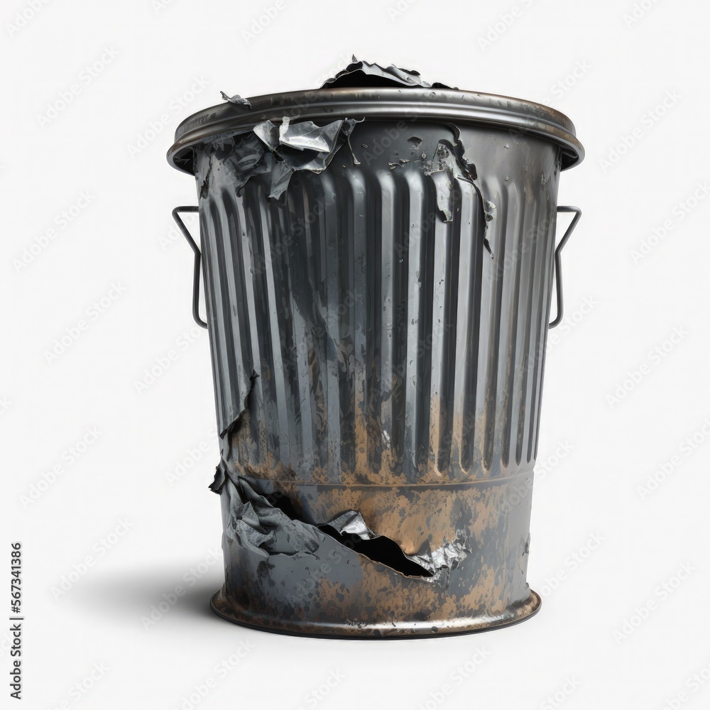 Old rusty and dirty trash can garbage pail bin isolated on a white ...