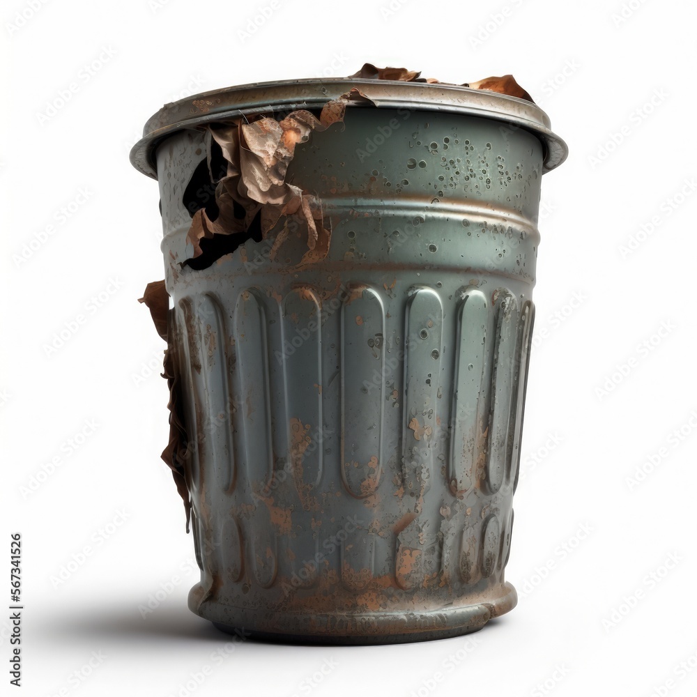 Old rusty and dirty trash can garbage pail bin isolated on a white ...