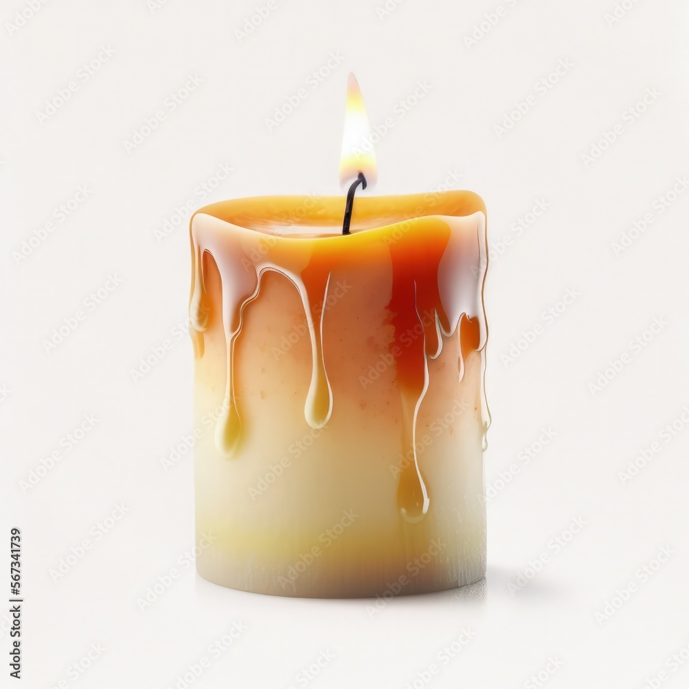 Wax candle burning low with melted wax drips isolated on a white ...
