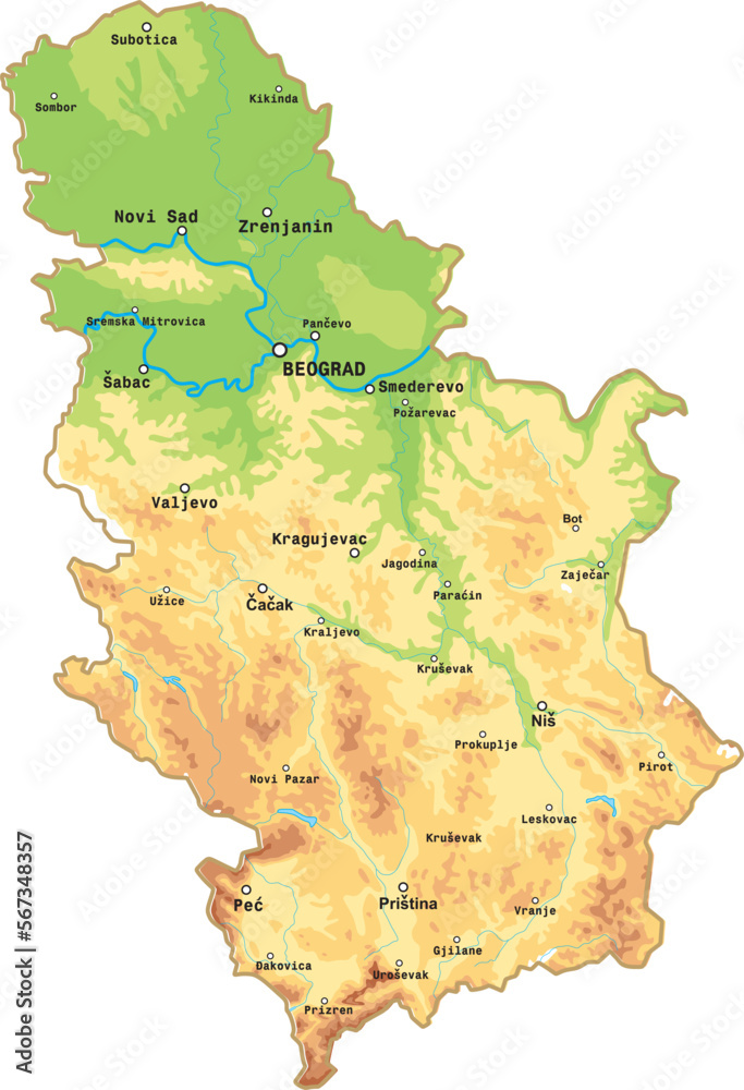 Vector color physical map of Serbia. The territory of a European state ...