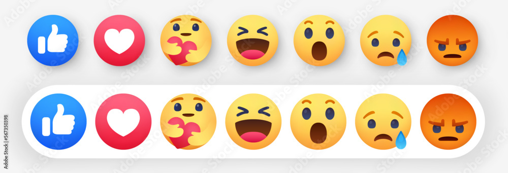 Facebook emoticon buttons. Collection of emoji reactions. Different ...
