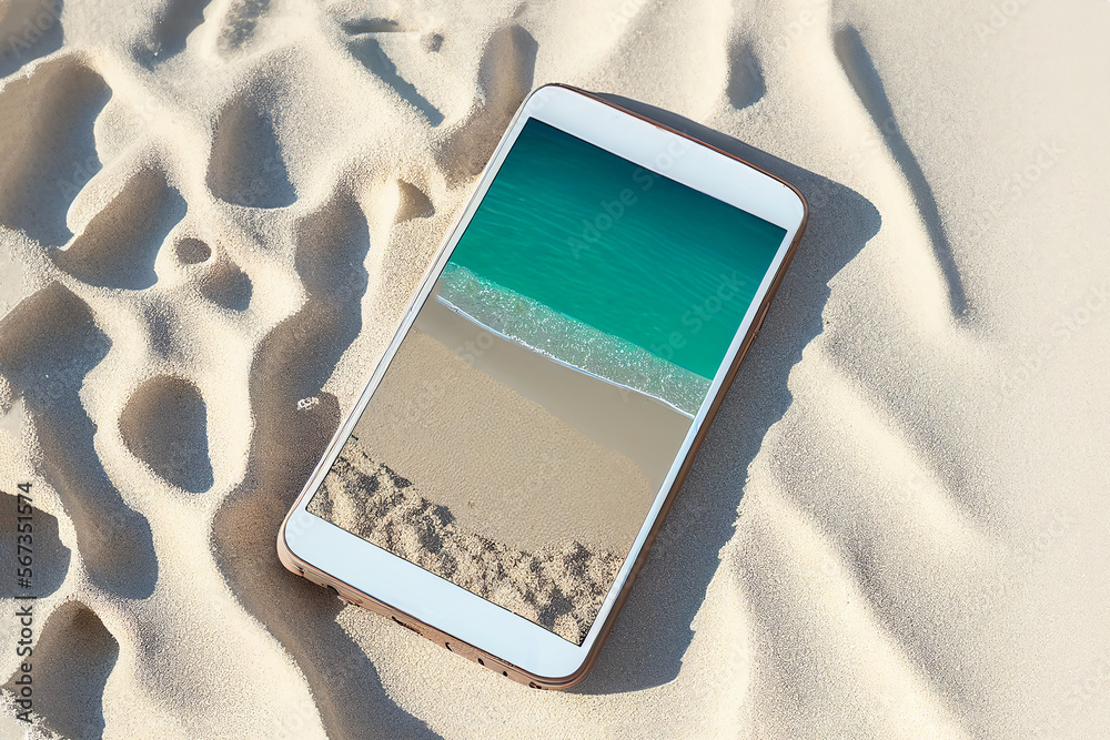 Phone lying on the beach sand. Background created with generative Ai ...