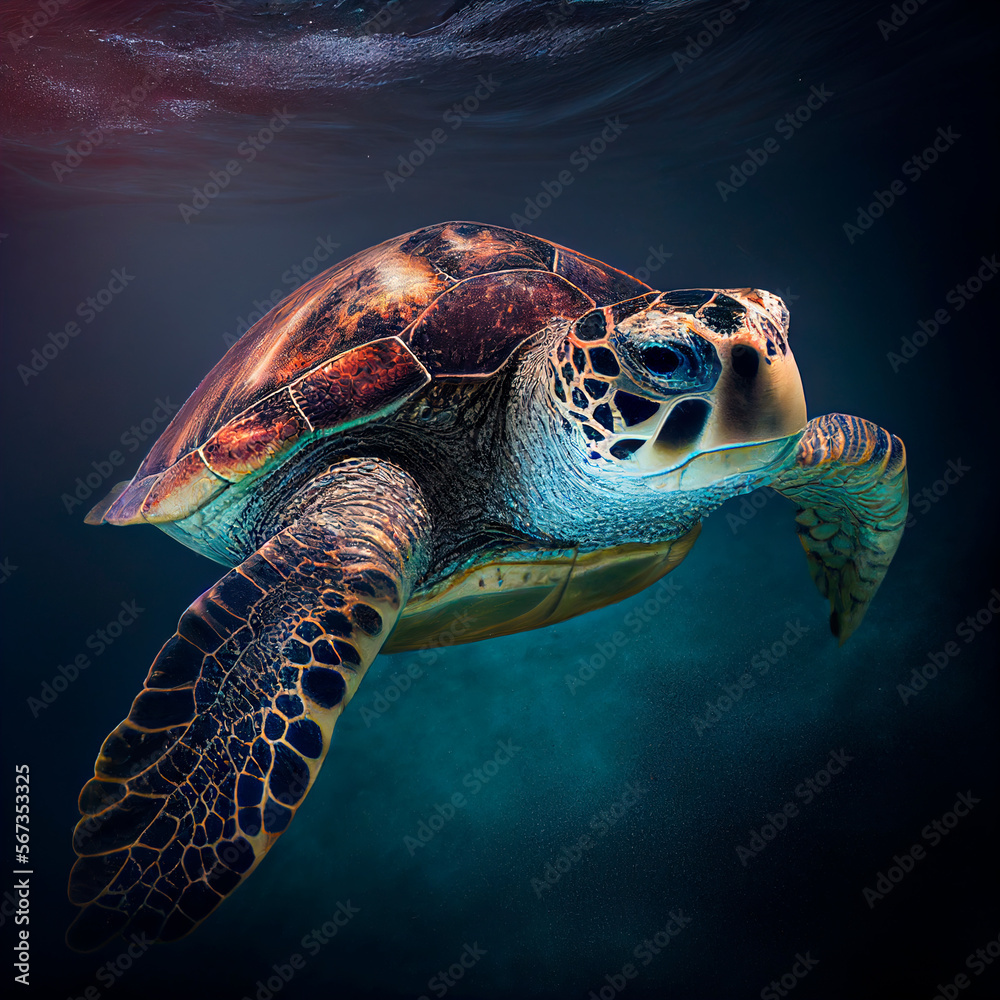 sea turtle swimming freely in the blue ocean. Scuba diving with the ...
