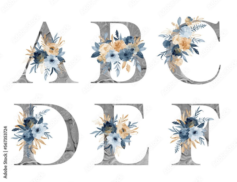 Watercolor floral alphabet with indigo and gold flowers for wedding ...