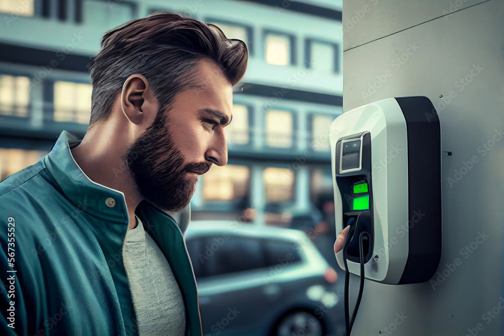 Progressive man holding EV charger plug from public charging station ...