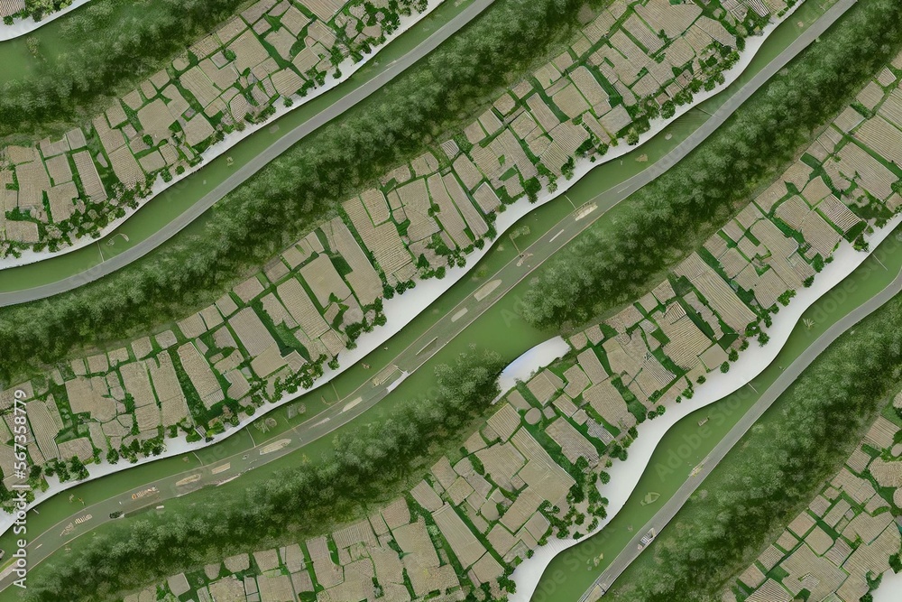 Aerial view urban sprawl and master planning subdivision with row of ...