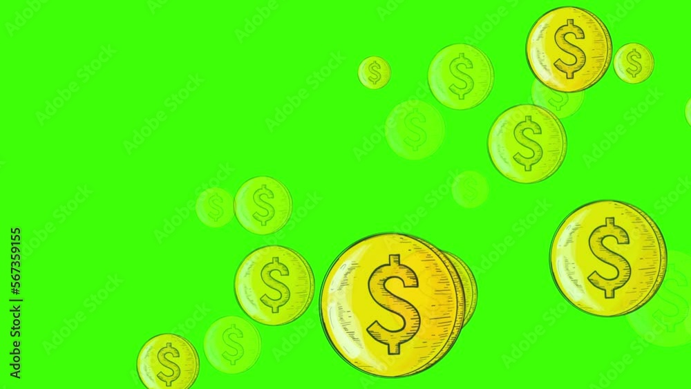 Animated Hand Drawn Doodle Golden Dollars 4K Particle Dollar Coins ...