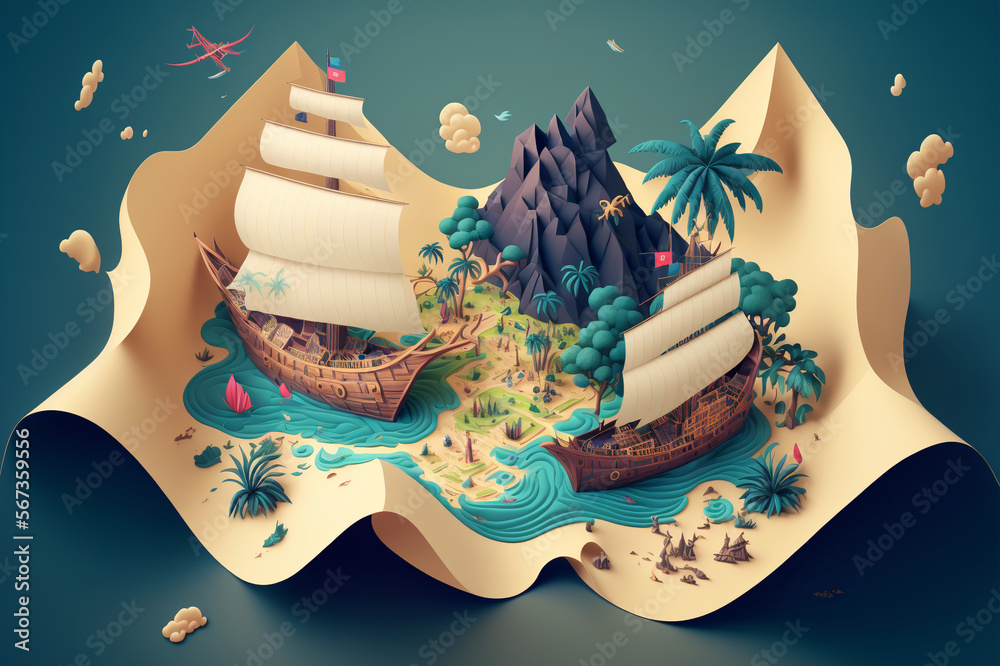 3d rendered Treasure Map- Digital Art, unique illustration concept ...