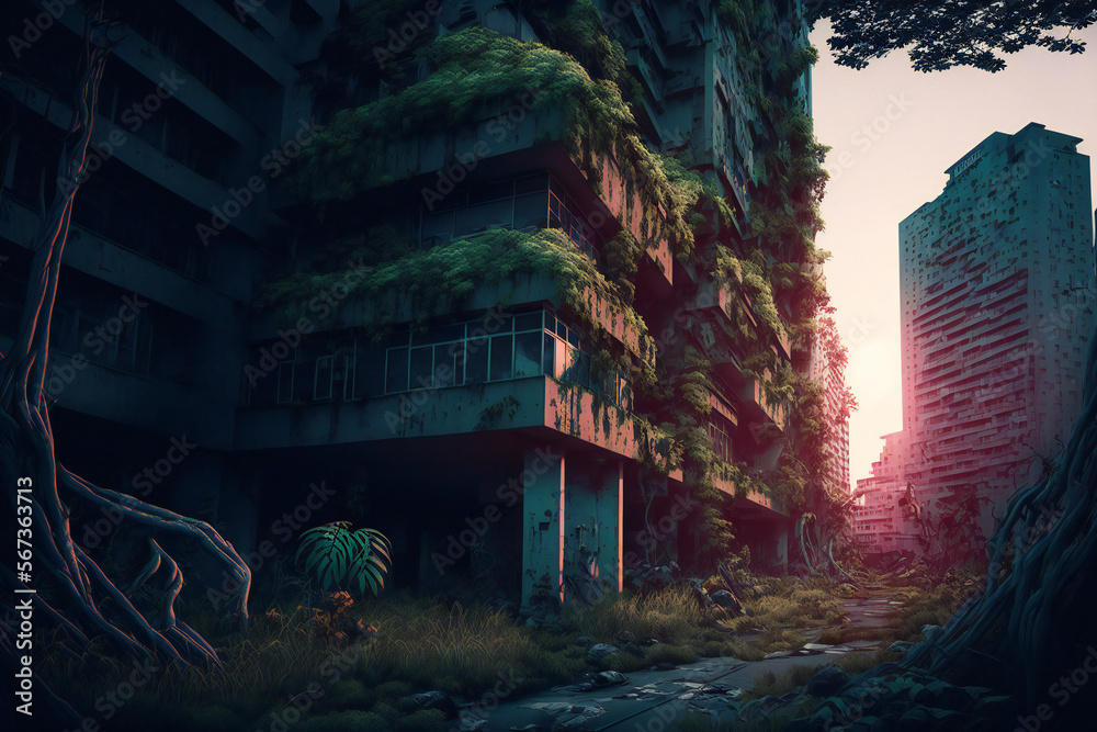 Abandoned Tokyo City in the future. Empty roads and a dystopian ...