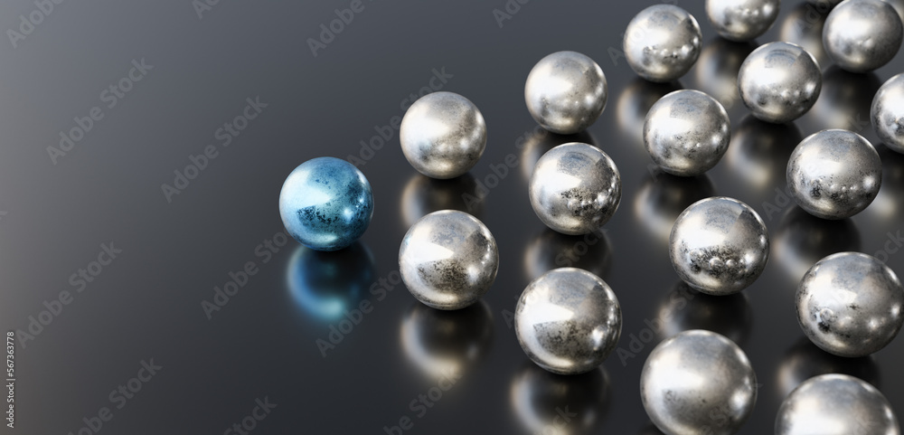 Leadership concept, blue leader ball leading silver balls, on black ...
