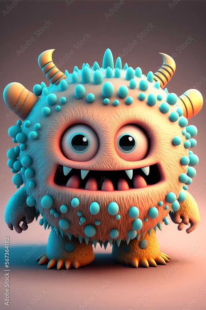 Cute 3D Monster Creature With Blue Balls and Horns Cartoon Character ...