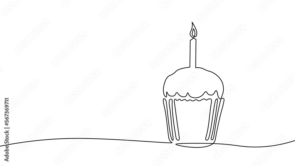 One line continuous birthday cupcake with candle symbol concept ...