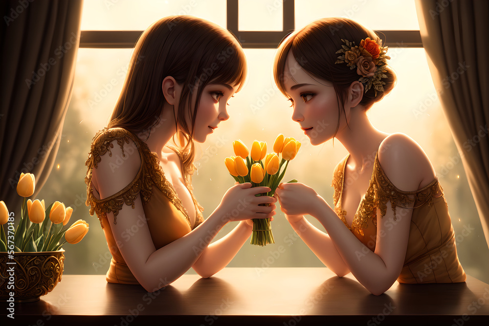 Two adorable 3D anime doll fugures are in love, giving tulips to each ...