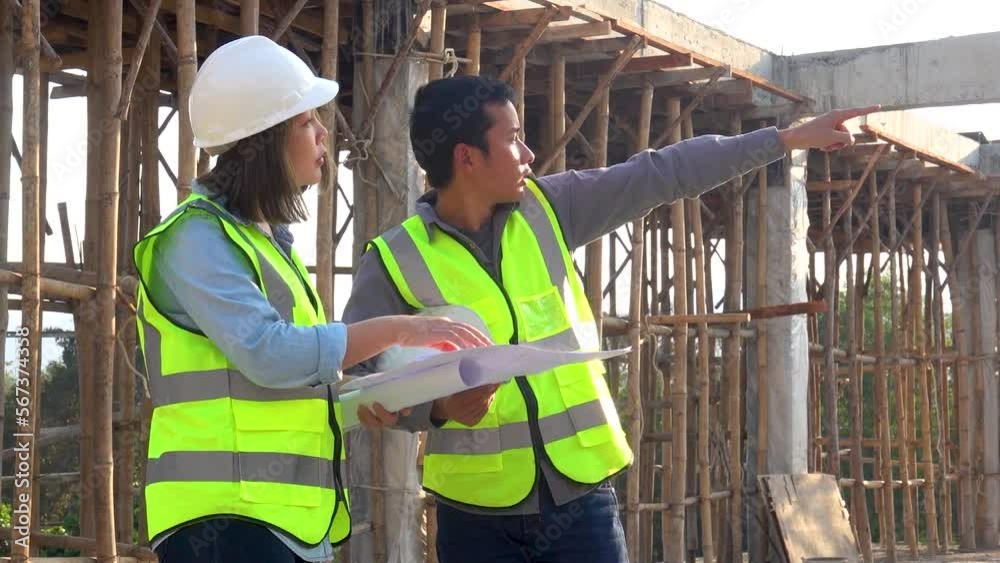 Vídeo do Stock: Male civil engineer and young woman building architect ...