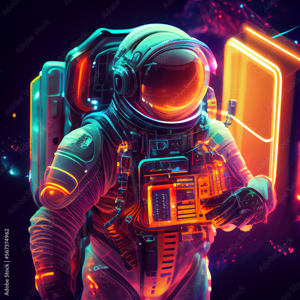 Retrowave Neon 3D illustration of space suit wearing male figure ...