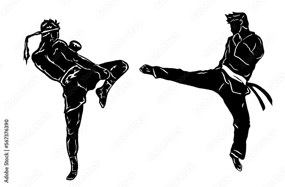 Karate kick and poses of karate techniques. Martial arts. This vector ...