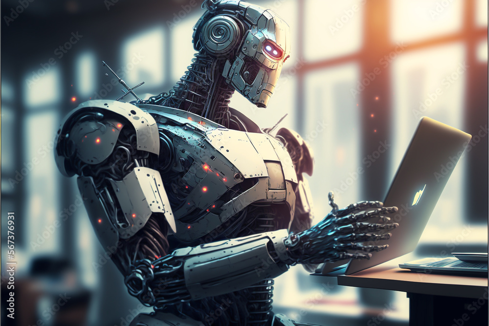 A humanoid robot, revolutionize the future of office work. Equipped with a tablet computer and ...