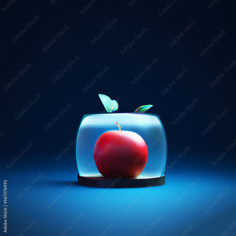 apple box, illustration, with dark background (blue) and lemons in 3D ...