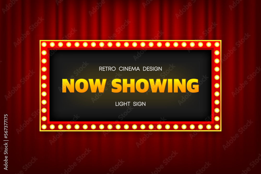 Now Showing in Retro lightbox with light bulbs on a silky luxury ...
