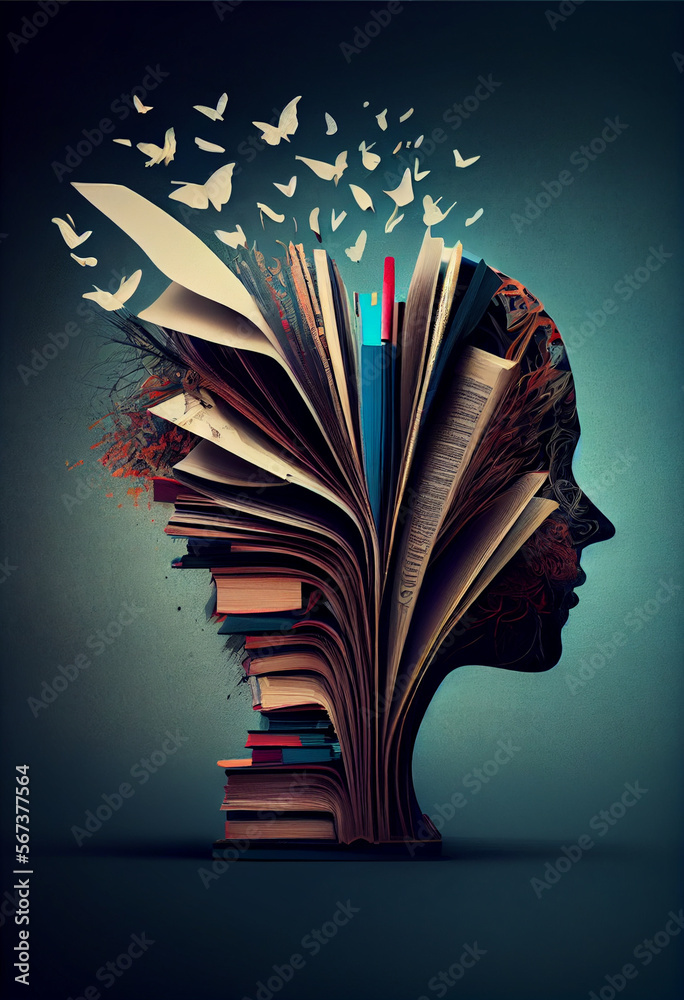 Beautiful abstract surreal head of a books concept, contemporary and ...