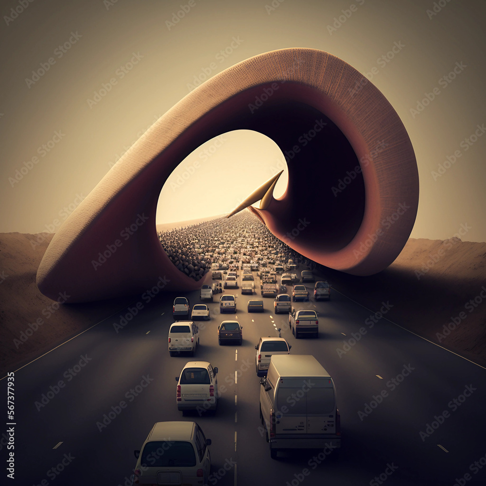 A large human ear on a highway with many cars and trucks driving into ...