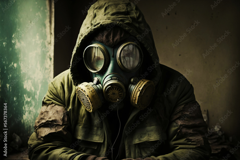 person with a gas mask look frontal in the camera in dark smoke ...