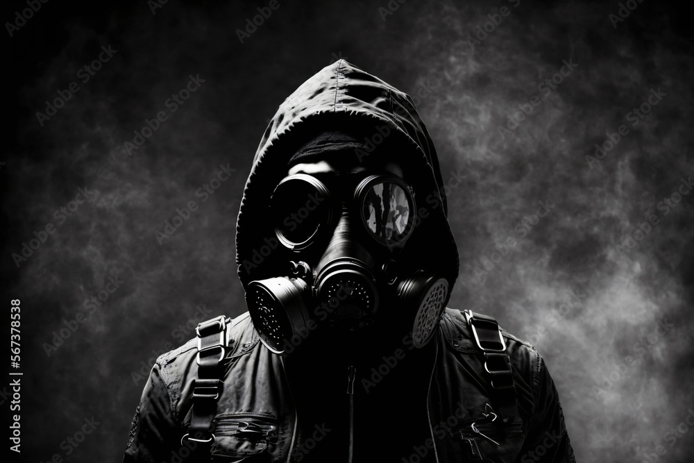 person with a gas mask look frontal in the camera in dark smoke ...