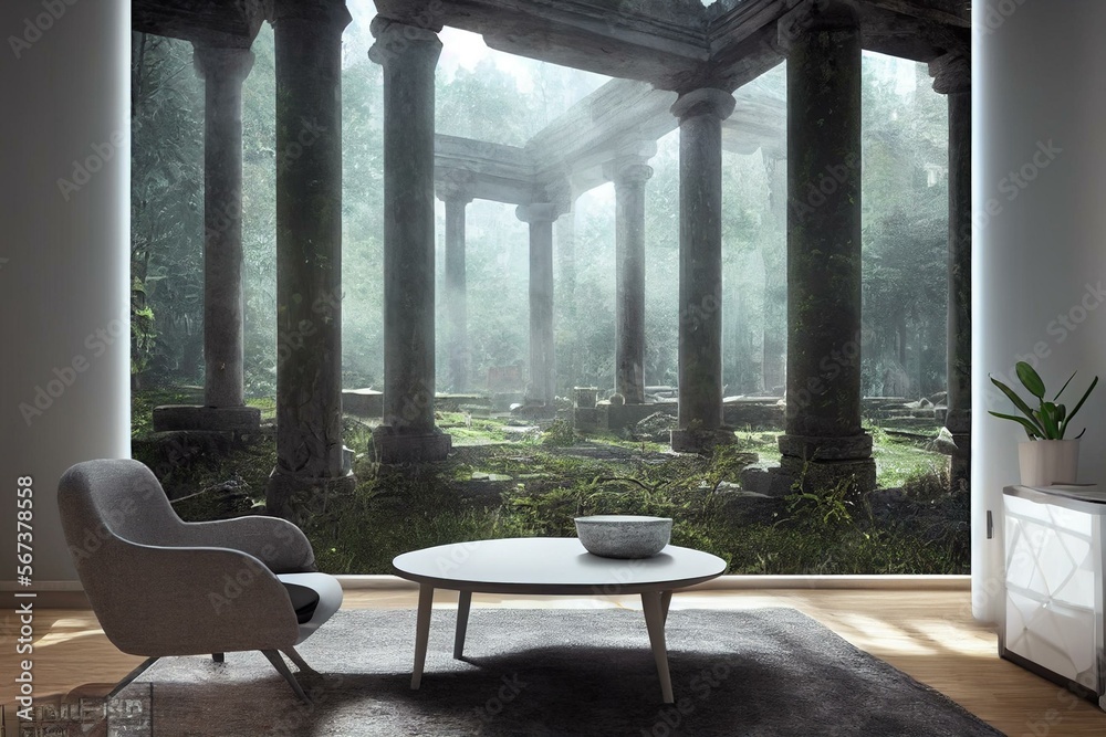 Modern interior living room background, a forest with ruins of a Roman ...