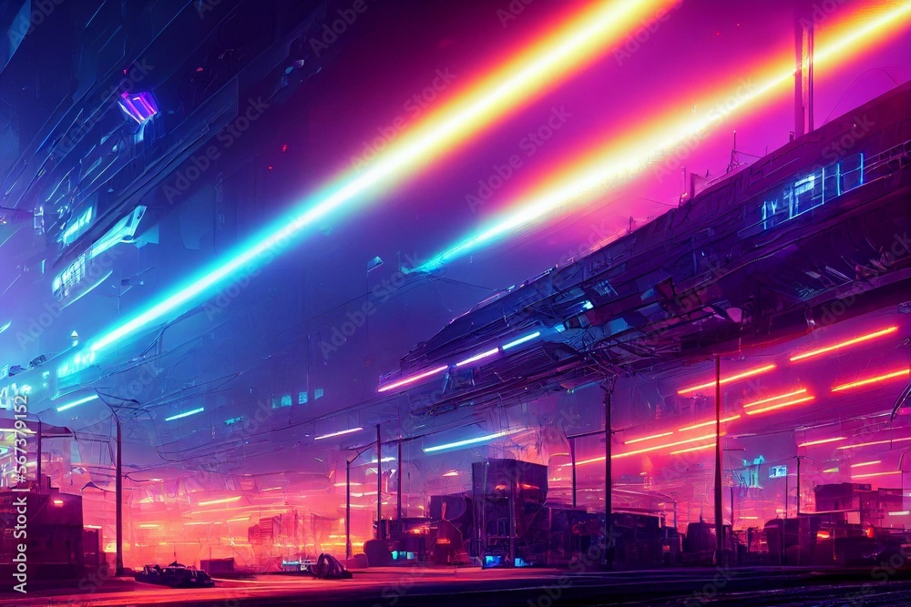 Future neon city. In a future metropolis, an industrial area. Cyberpunk ...