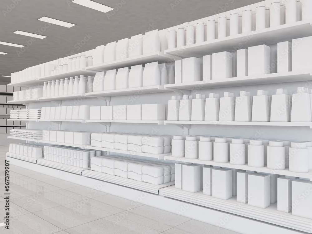set of supermarket shelves in perspective view with blank products and ...