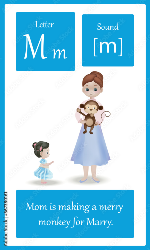 Colorful alphabet letter M. Phonics flashcard with sound. Letter M for ...