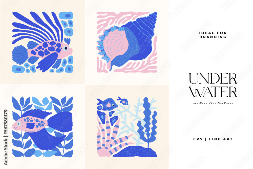 Underwater world, ocean, sea, fish and shells vertical flyer or poster ...